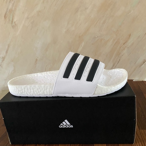 adidas | Shoes | Adilette Boost Slides White Black Stripes | Poshmark